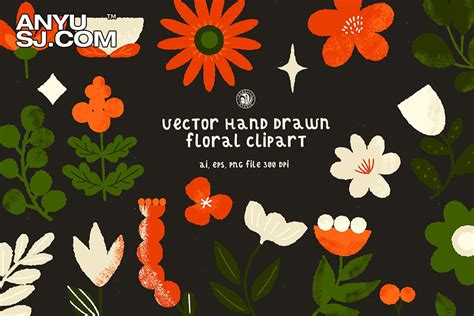 20款手绘噪点颗粒复古矢量AI花卉花朵剪贴画设计套装Hand Drawn Vector Floral Clipart Set 安鱼设计资源