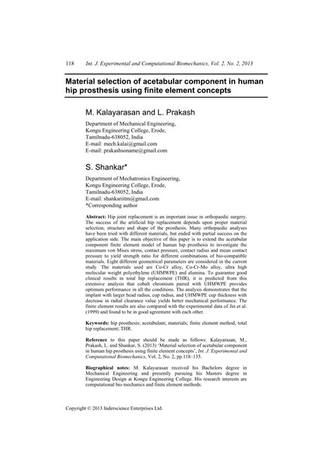Pdf Material Selection Of Acetabular Component In Human Hip Prosthesis Using Finite Element