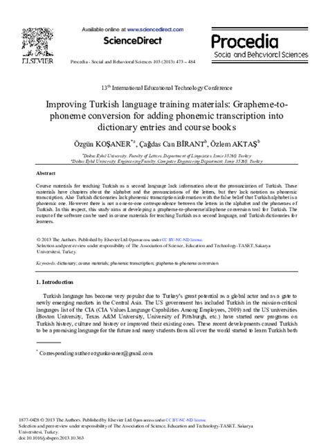 Pdf Improving Turkish Language Training Materials Grapheme To Phoneme Conversion For Adding