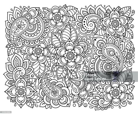 색칠 하기 책 페이지에 대 한 Mehndi 스타일의 윤곽 선 사각형 꽃 무늬 성인과 어린이를위한 안티 스트레스 흑백으로 장식 손으로 벡터 그림을 그립니다 강렬하고 밝은