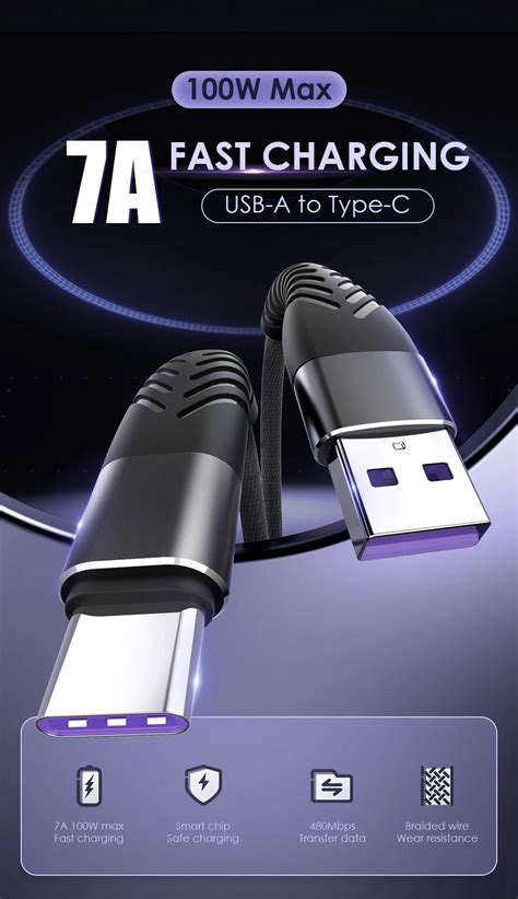 Кабель Usb C 7a Для Быстрой Зарядки 100 Вт Тип C Для Samsung S22 S23 Ultra Xiaomi 13 Redmi