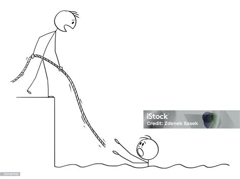 물 속에서 익사하는 남자 또는 사업가의 벡터 만화 일러스트레이션 또 다른 사람이 그를 돕고 그에게 밧줄을주고있다 자선 및 구제