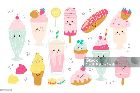 귀여운 카와이 밀크 쉐이크 차가운 상쾌한 디저트 음료 캐릭터 고립 된 벡터 일러스트 레이 션 세트 밀크 셰이크에 대한 스톡 벡터 아트 및 기타 이미지 Istock