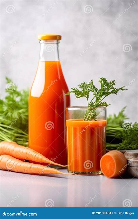 Carrot Juice In A Glass And Bottle And Fresh Carrots With Leaves Stock
