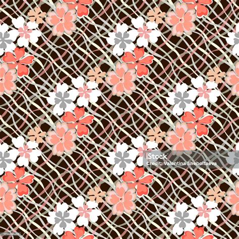 물결 모양의 대각선 교차 짙은 갈색 배경에서 표면에 흩어져있는 장식용 꽃의 벡터 이음새없는 꽃 패턴 0명에 대한 스톡 벡터 아트