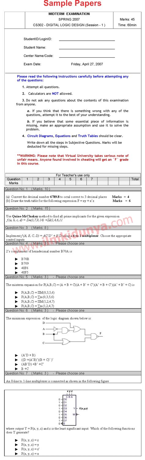 Cs302 Digital Logic Design Bbit Vu University Past Papers 2007 Mid Term