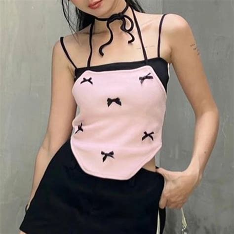 Hotsweet Pink Patchwork Slim Summer Tops Camisole Cropped Bow Cutecore