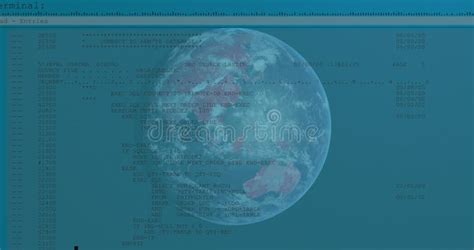 Image Of Digital Interface With Globe And Fast Scrolling Text Information On Blue Background
