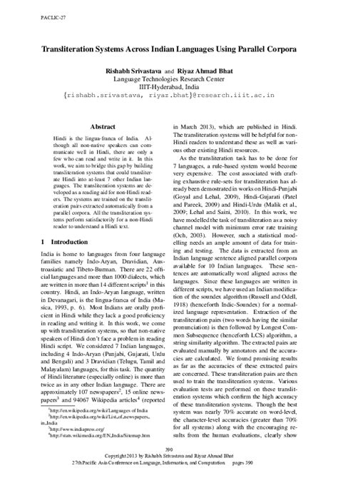 Pdf Transliteration Systems Across Indian Languages Using Parallel Corpora
