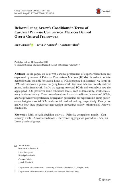 Pdf Reformulating Arrows Conditions In Terms Of Cardinal Pairwise Comparison Matrices Defined
