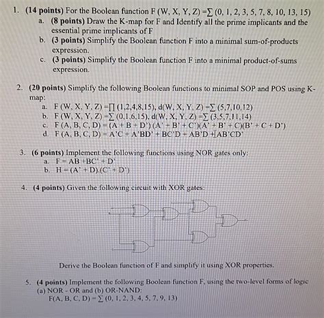 Solved 1 14 Points For The Boolean Function F W X Y
