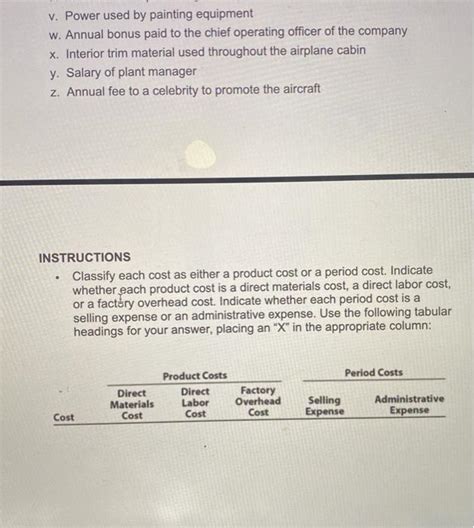 Solved Pr 18 1a Classifying Costs The Following Is A List