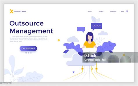 랜딩 페이지 템플릿은 구름 위에 다리를 꼬고 앉아 노트북으로 작업하는 여성과 함께 한다 전문 아웃소싱 아웃소싱 관리 기능의 개념 웹 사이트에 대한 현대 평면 벡터 그림입니다