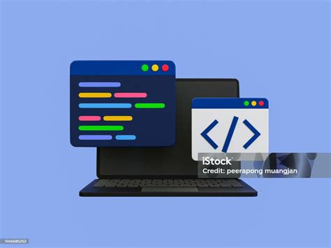 3d Minimal Programming Icon Coding Screen Web Development Concept Laptop With A Coding Screen