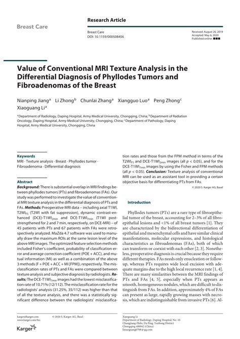 Pdf Value Of Conventional Mri Texture Analysis In The Differential Diagnosis Of Phyllodes