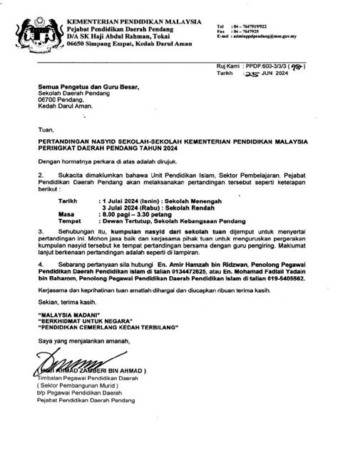 Surat Makluman Pertandingan Nasyid Pendang 2024 Pdf