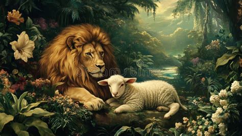 Lion And Lamb Resting Peacefully In Lush Jungle Setting Vibrant Flora Surrounding Stock Image