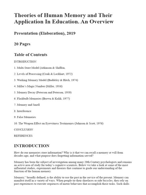 Theories Of Human Memory And Their Application In Education An Overview Pdf Memory Long