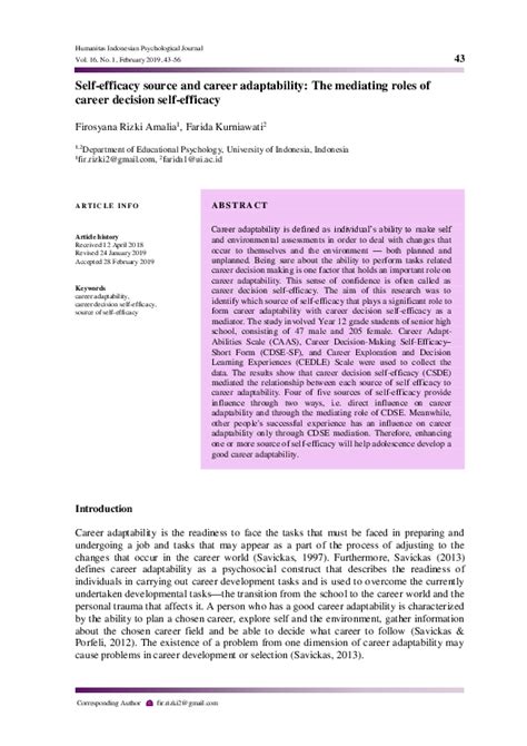Pdf Self Efficacy Source And Career Adaptability The Mediating Roles Of Career Decision Self