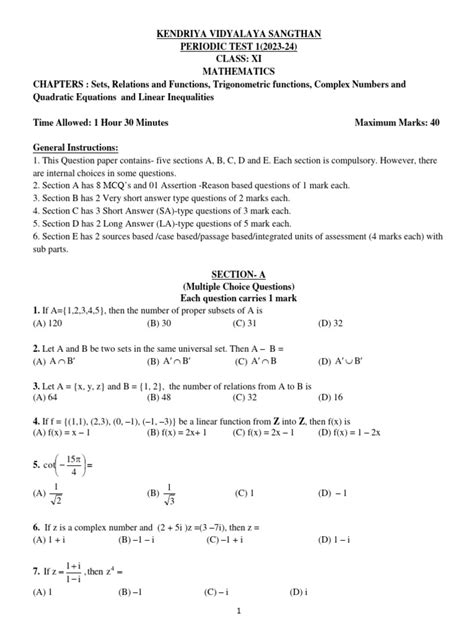 Practice Paper Class Xi Maths Pt 1 2023 24 Pdf Function
