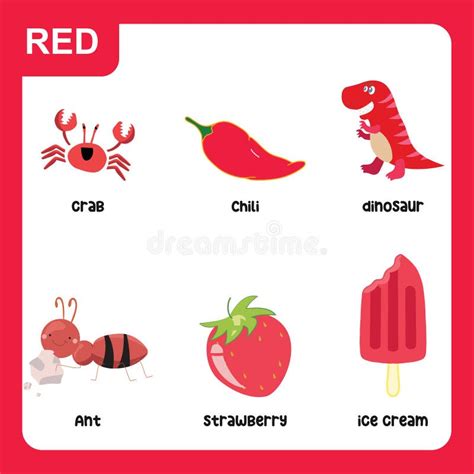 Set Of Red Color Objects Primary Colours Flashcard With Red Elements