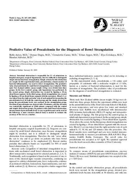 Pdf Predictive Value Of Procalcitonin For The Diagnosis Of Bowel Strangulation