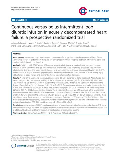 Pdf Continuous Versus Bolus Intermittent Loop Diuretic Infusion In
