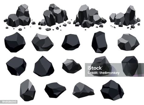 석탄 검은 광물 자원의 컬렉션 화석 돌 조각 다각형 모양 세트입니다 흑연이나 숯의 검은 바위 돌 에너지 자원 숯 아이콘 건축물에