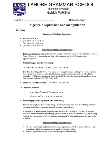 Algebric Expression And Manipulation Pdf Equations Quadratic Equation