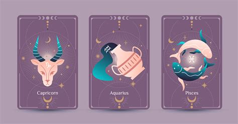 염소자리 물병자리 물고기자리 조디악 기호는 보라색 배경에 달과 별에 둘러싸인 손으로 그리는 스타일로 초자연적 현상 타로 리더 및