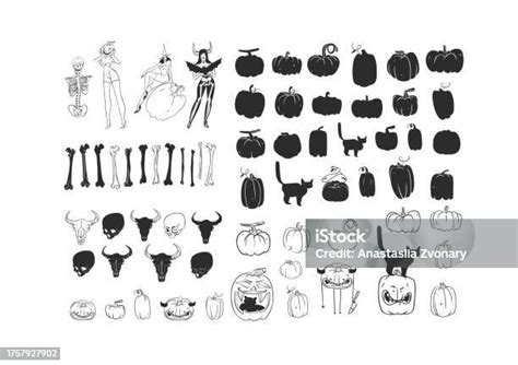 손으로 그린 벡터 추상 그래픽 라인 아트와 실루엣 할로윈 소름 끼치는 캐릭터 호박 두개골 및 뼈가 분리되어 있습니다 할로윈 개요 무서운 그래픽 디자인 개념 장식 아이콘입니다