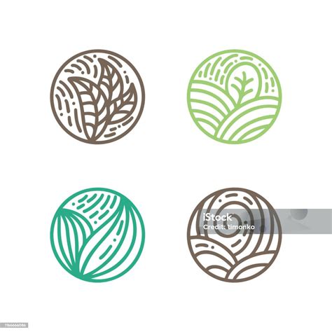 원형 선형 스타일의 둥근 바이오 엠블럼 세트 열대 식물 녹색 잎 로고입니다 천연 물 꽃집 화장품 생태 개념 건강 스파의 디자인