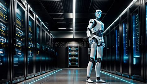 A Robot Stands In The Server Data Storage System Room Stock A Robot Stands In The Server Data Storage System Room Stock