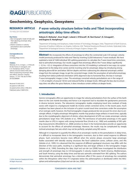 Pdf P Wave Velocity Structure Below India And Tibet Incorporating Anisotropic Delay Time Effects