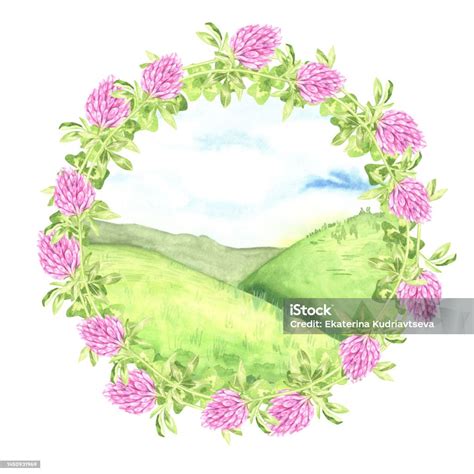 클로버의 화환에 푸른 언덕이 있는 풍경 수채화 그림입니다 흰색 배경에 격리되어 있습니다 당신의 디자인 낙농장 제품 포장 여행 소책자 스티커 유기 제품 등을 위해 꽃 식물에