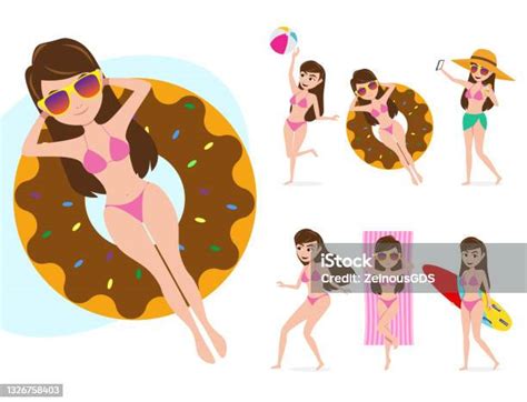 여성 여름 캐릭터 벡터 세트 플로터 도넛을 사용하여 떠다니는 것 비치 볼 놀이 일광욕용 목욕 흰색 배경에서 고립된 서핑 과 같은 다양한 여름 활동의 여성 캐릭터 도넛에 대한