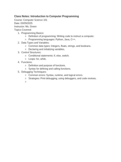 Class Notes Introduction To Computer Programming Pdf