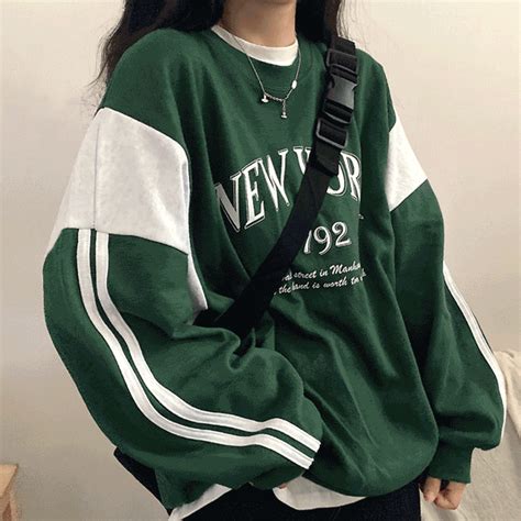 Y2k스포티 두줄라인 뉴욕 배색 레터링 오버핏 맨투맨 5color 에이블리