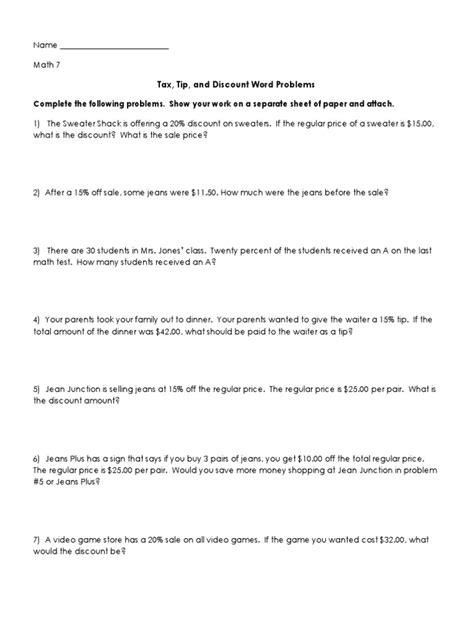 Tax Tip And Discount Word Problems Download Free Pdf Gratuity
