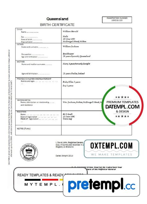 Australian Queensland Birth Certificate Example In Word Format Pretempl