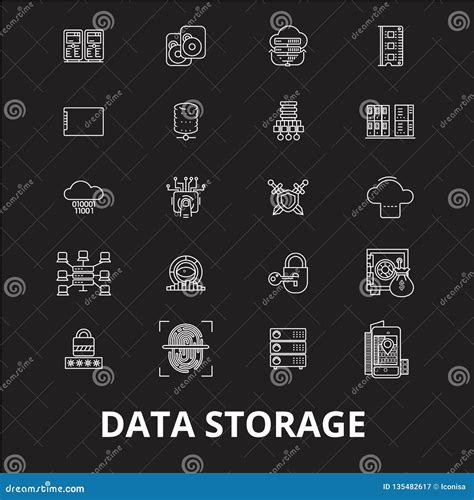 Data Storage Editable Line Icons Vector Set On Black Background Data Storage White Outline