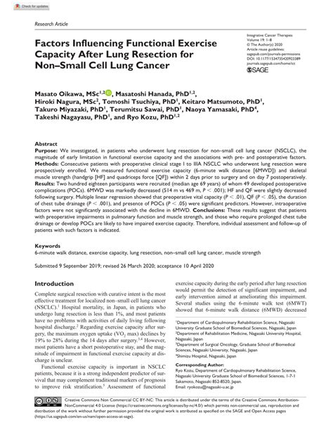 Pdf Factors Influencing Functional Exercise Capacity After Lung Resection For Nonsmall Cell