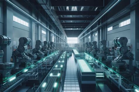 View Of Futuristic Factory With Rows Of Robotic Arms And Conveyor Belts Moving Parts Seamlessly