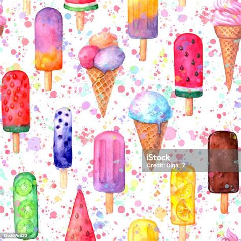 수채화 손 그린 복고풍 스타일 멀티 컬러 아이스크림 매끄러운 패턴 0명에 대한 스톡 벡터 아트 및 기타 이미지 0명 공예 그래픽 프린트 Istock