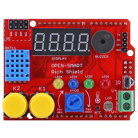 스타터 키트 적외선 수신기가있는 풍부한 실드 led 부저 버튼 dht11 라이트 센서 온도 전압 모듈 보드 arduino용
