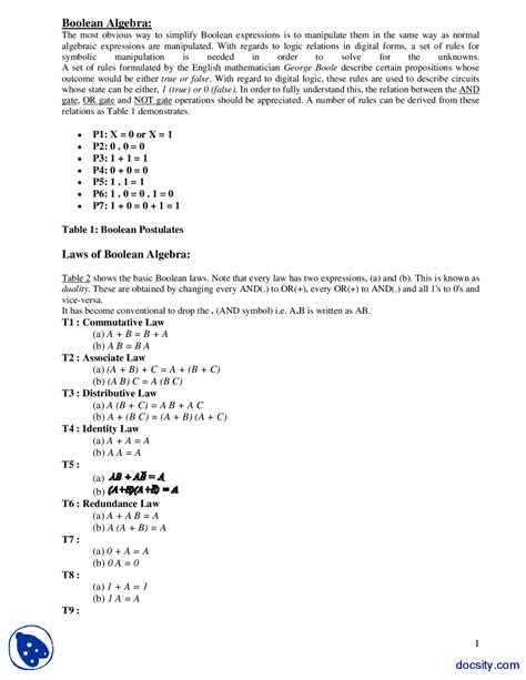 Boolean Algebra Digital Logic Design And Gates Handout Docsity