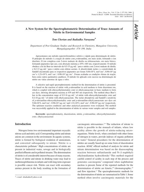 Pdf A New System For The Spectrophotometric Determination Of Trace Amounts Of Nitrite In