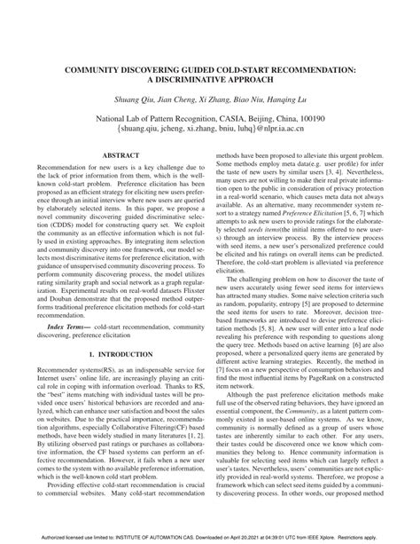 Pdf Community Discovering Guided Cold Start Recommendation A Discriminative Approach