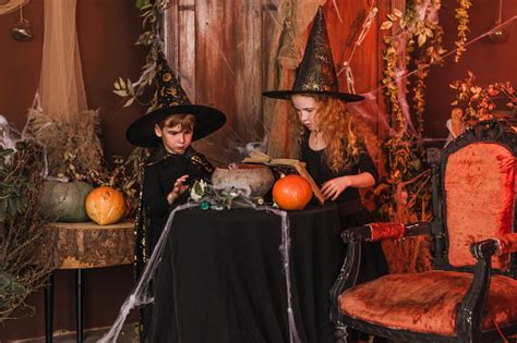 검은 마녀 의상과 할로윈 장식에 모자를 쓴 어린 소년과 소녀 할로윈 개념 10월에 대한 스톡 사진 및 기타 이미지 10월 2명 4 5세 Istock