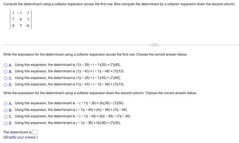 Solved Compute The Determinant Using A Cofactor Expansion